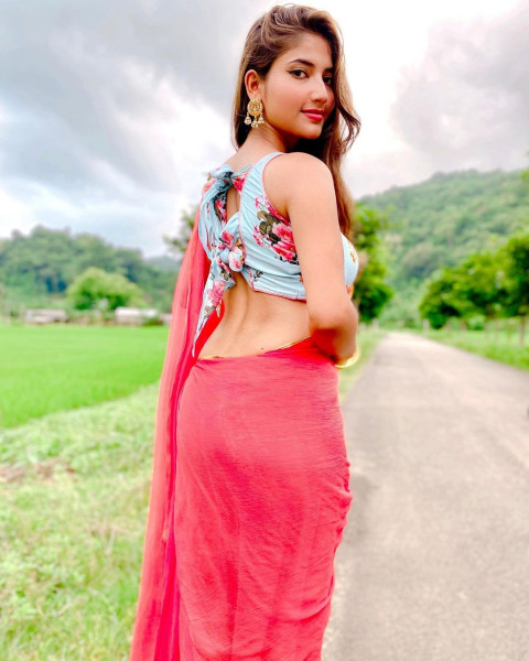 Cute Angle Rai Images In Red Saree (Tik Tok Star) | OyePhoto